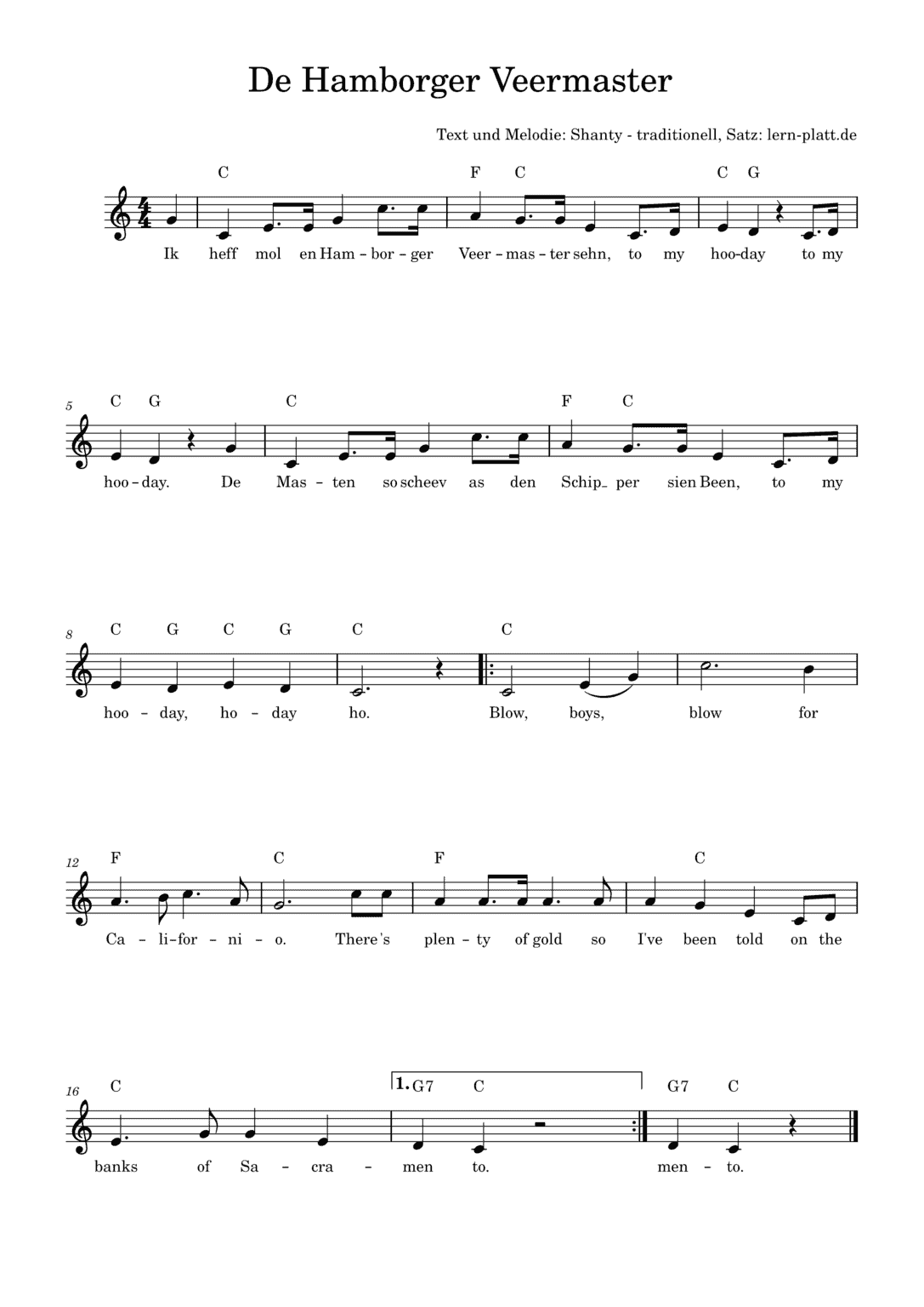 De Hamborger Veermaster - Text, Noten und Geschichte des Liedes | Lern Platt